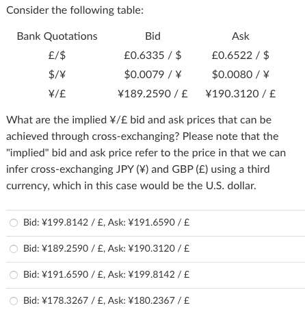 Solved Consider the following table: Bank Quotations Bid Ask | Chegg.com