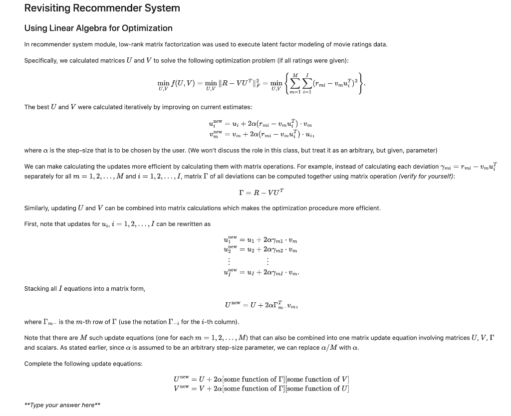 Revisiting Recommender System Using Linear Algebra | Chegg.com