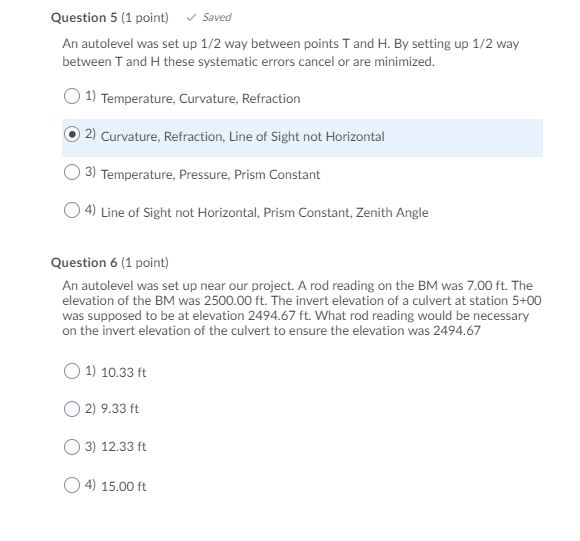 Solved Question 5 (1 point) Saved An autolevel was set up | Chegg.com