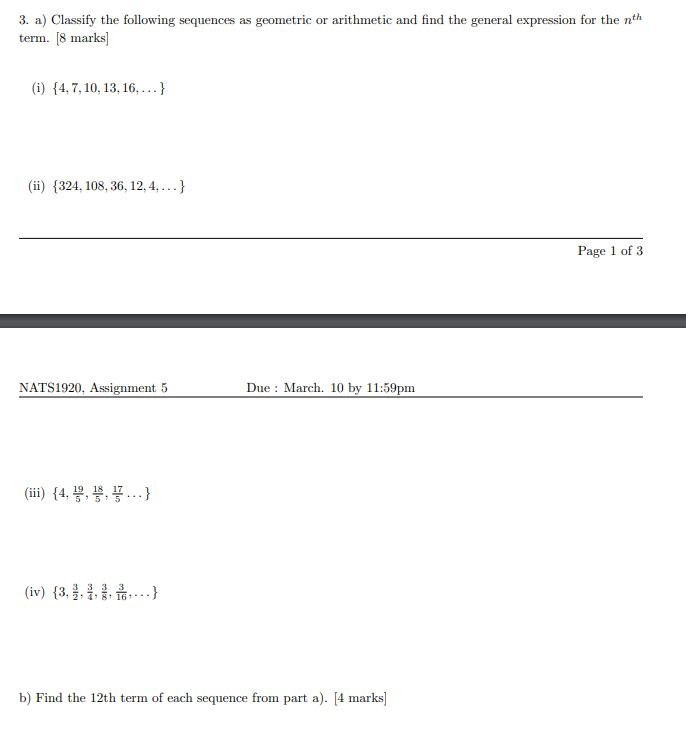 Solved 3. a) Classify the following sequences as geometric | Chegg.com