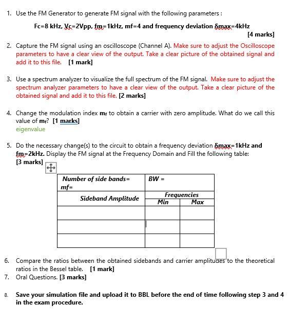 1. Use the FM Generator to generate FM signal with | Chegg.com