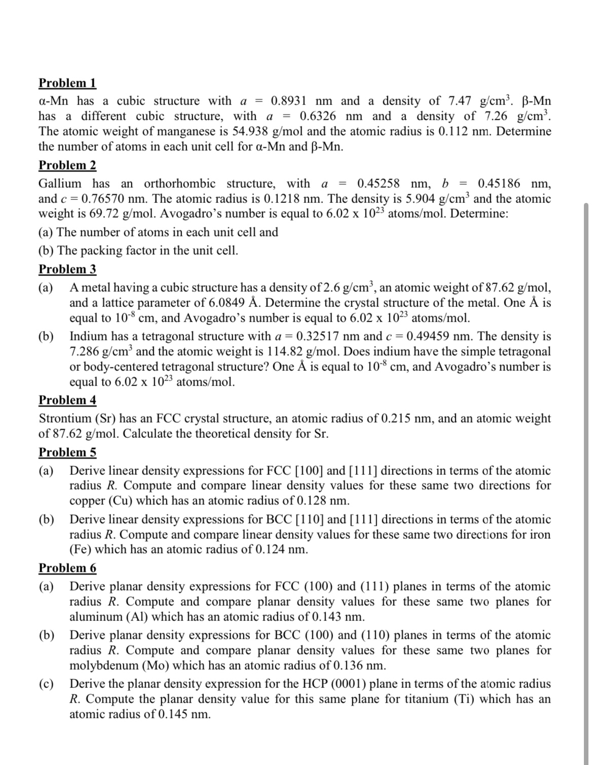 Solved Problem 1 α-Mn has a cubic structure with a=0.8931 nm | Chegg.com
