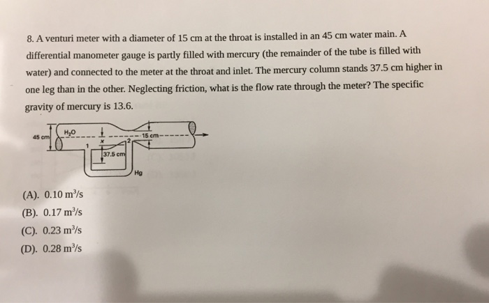 Solved 8. A venturi meter with a diameter of 15 cm at the | Chegg.com