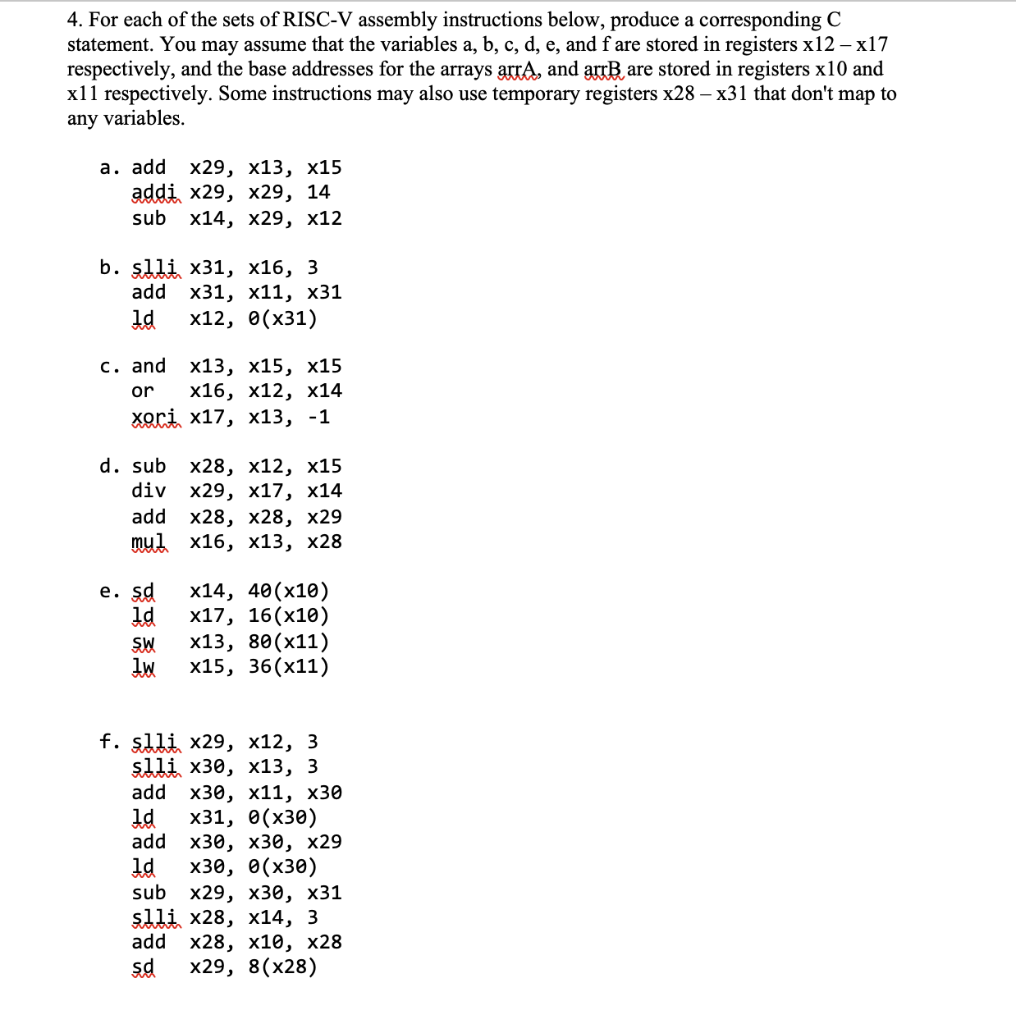 Solved 4. For each of the sets of RISC-V assembly | Chegg.com