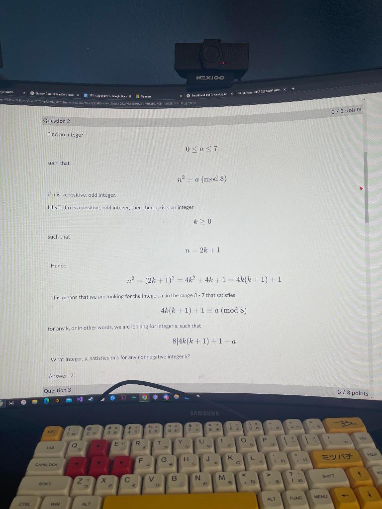 Solved Find an integer 0≤a≤7 such that n2=u(mod8) if n is a | Chegg.com