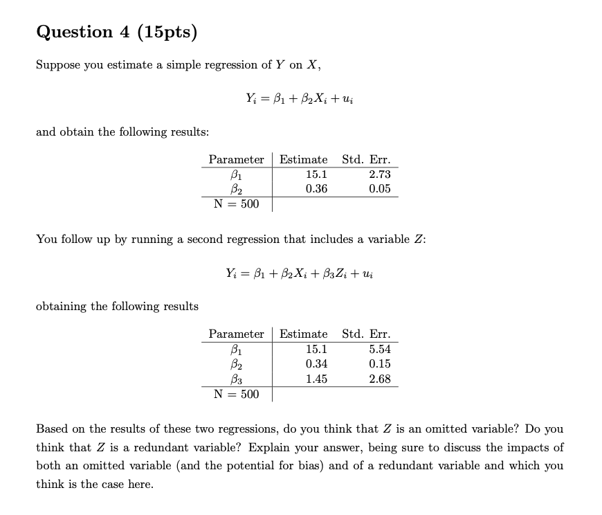 Solved Question 4 (15pts) Suppose you estimate a simple | Chegg.com
