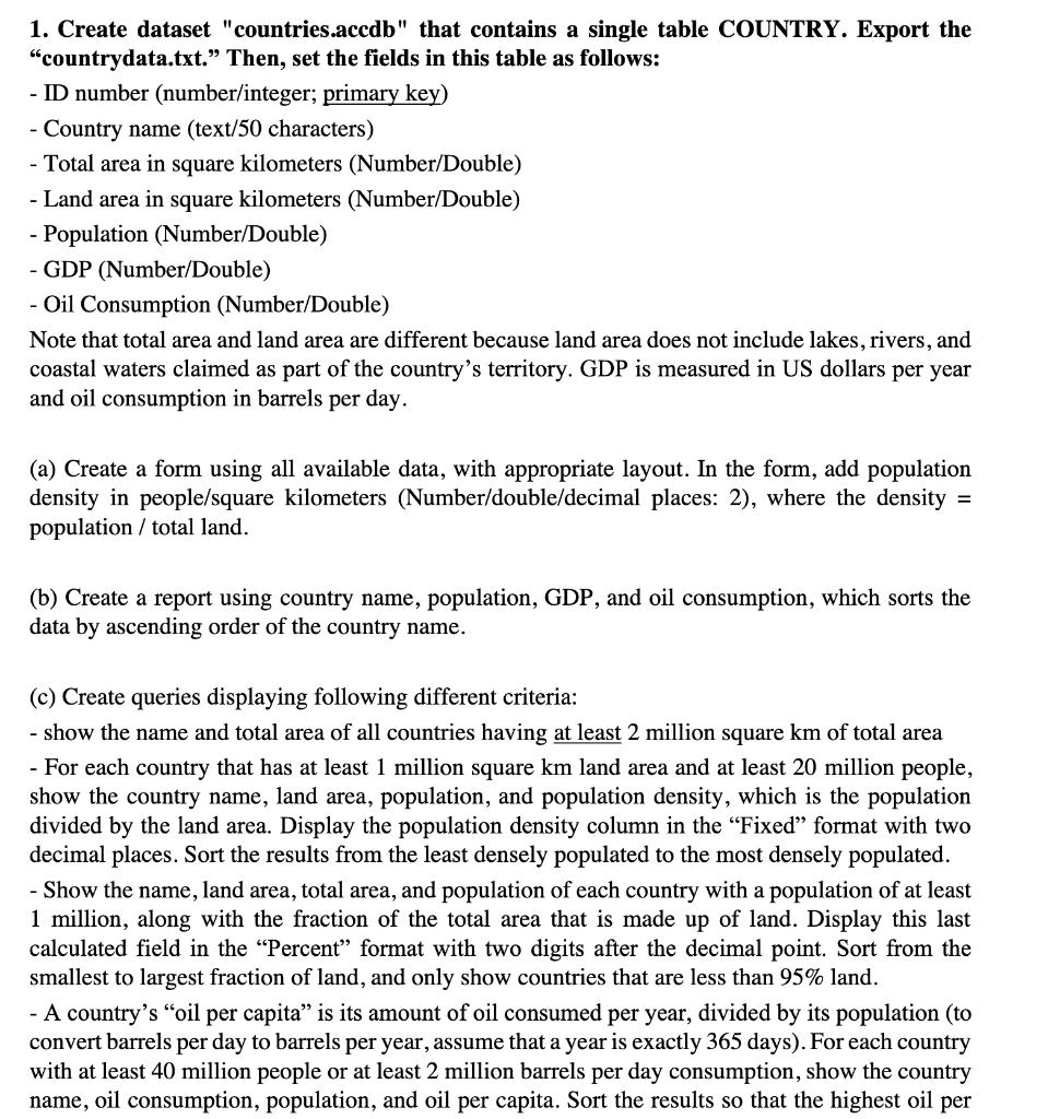 Solved 1. Create dataset "countries.accdb" that contains a | Chegg.com