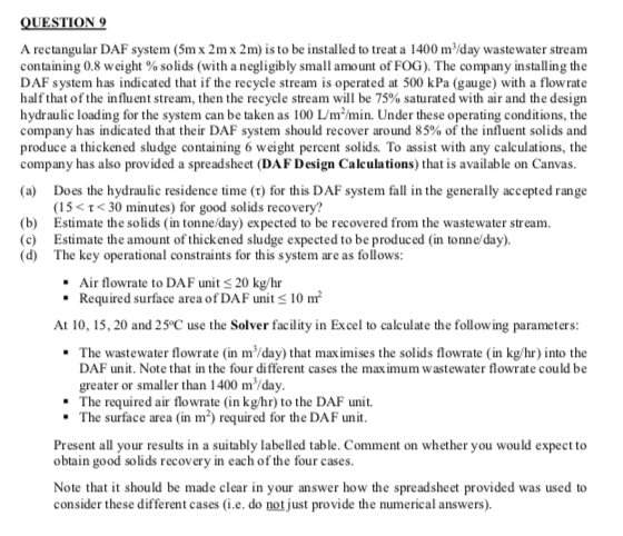 A rectangular DAF system (5m x 2m x 2m) is to be | Chegg.com