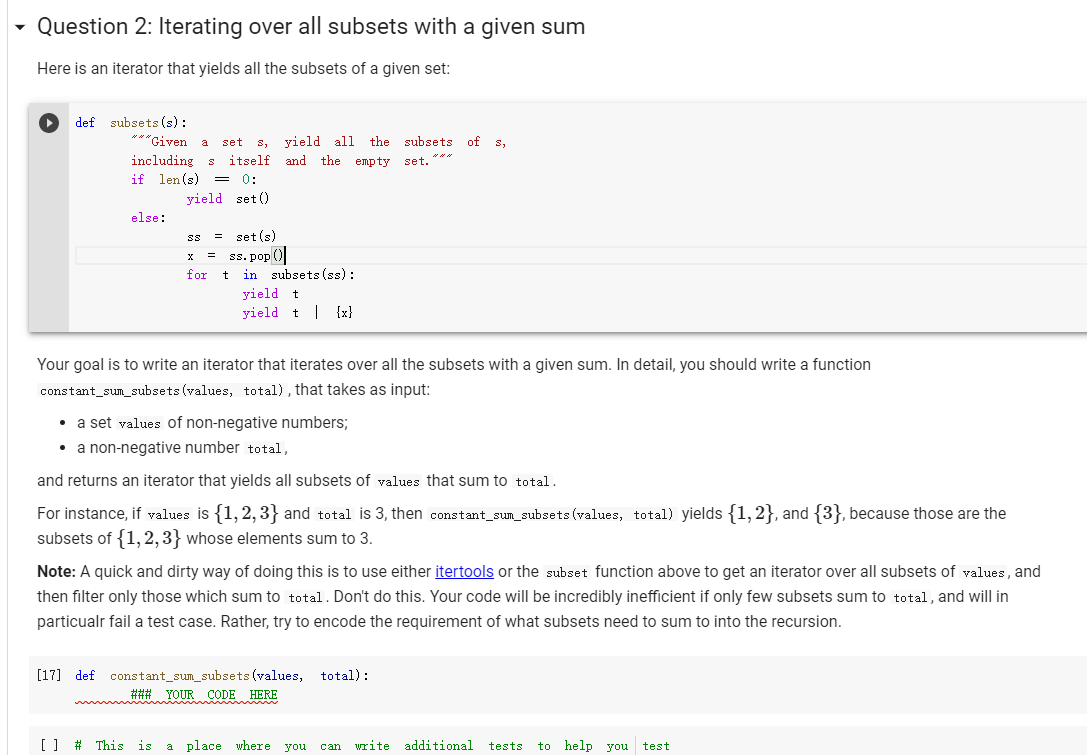 Solved Question 2: Iterating over all subsets with a given | Chegg.com