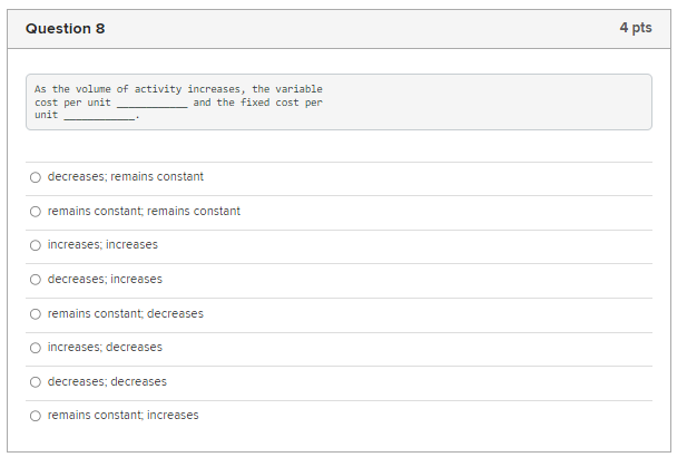 Solved As the volume of activity increases, the variable | Chegg.com