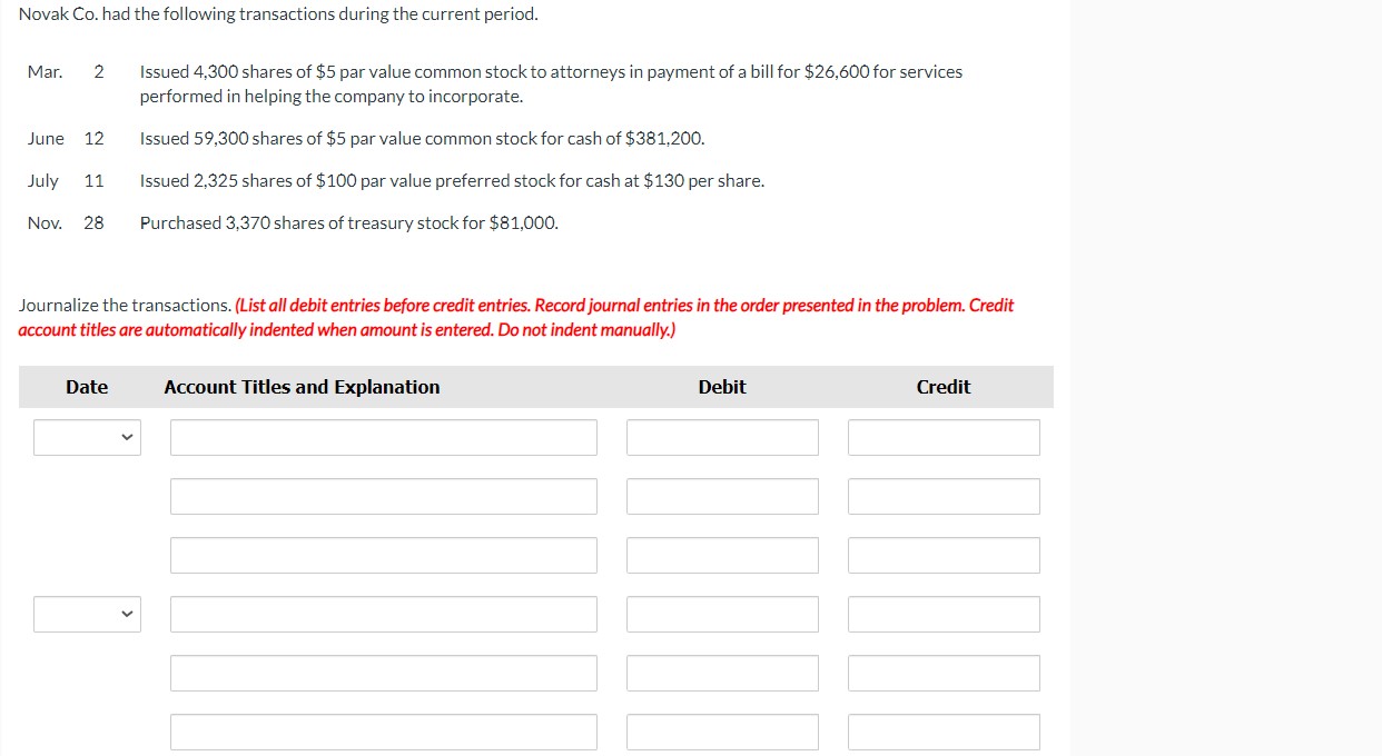 Solved Novak Co. had the following transactions during the | Chegg.com