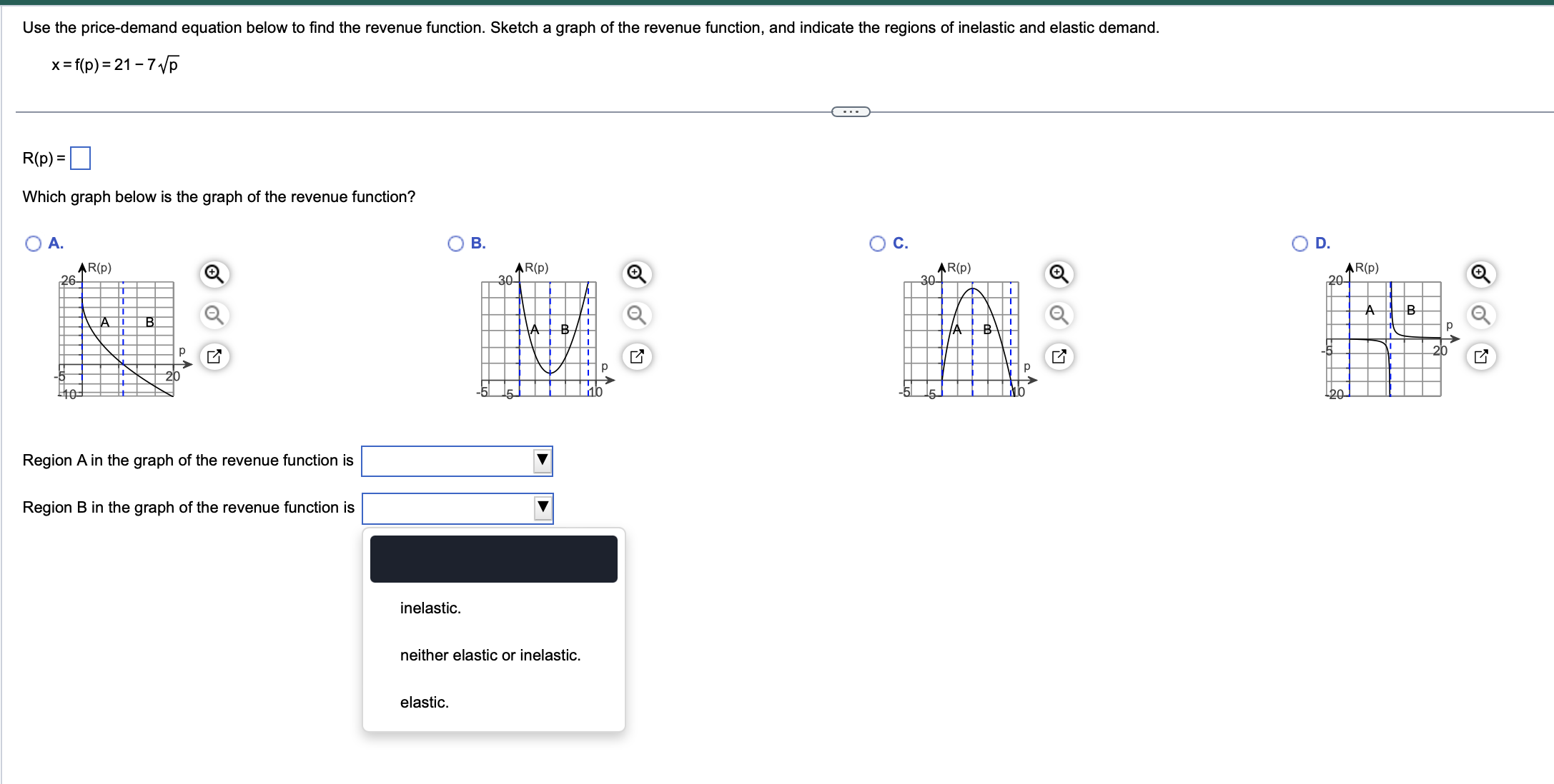 Solved x=f(p)=21−7p R(p)= Which graph below is the graph of | Chegg.com