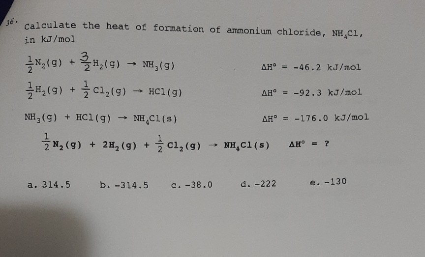 Solved 36. calculate the heat of formation of ammonium | Chegg.com