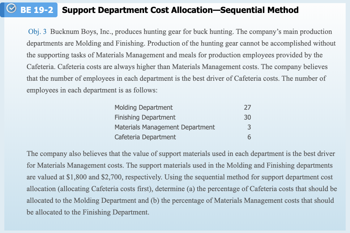 Solved ♡ BE 19-2 Support Department Cost | Chegg.com