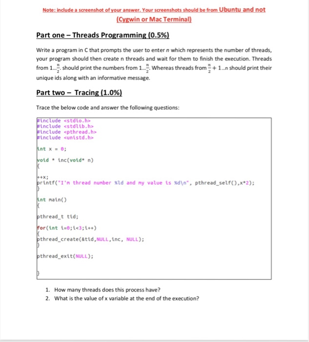 Solved Ubun in or Mac Termina Part one-Threads Programming | Chegg.com