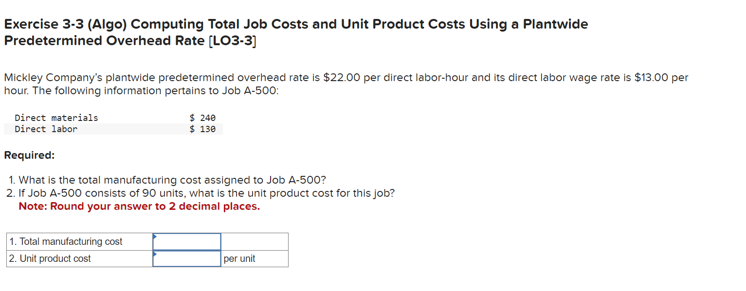Solved Exercise 3-3 (Algo) ﻿Computing Total Job Costs and | Chegg.com