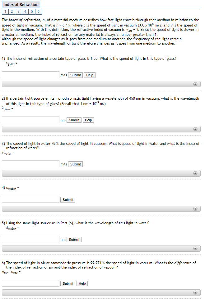Solved Index of Refraction 1 2 3 4 5 6 The index of | Chegg.com