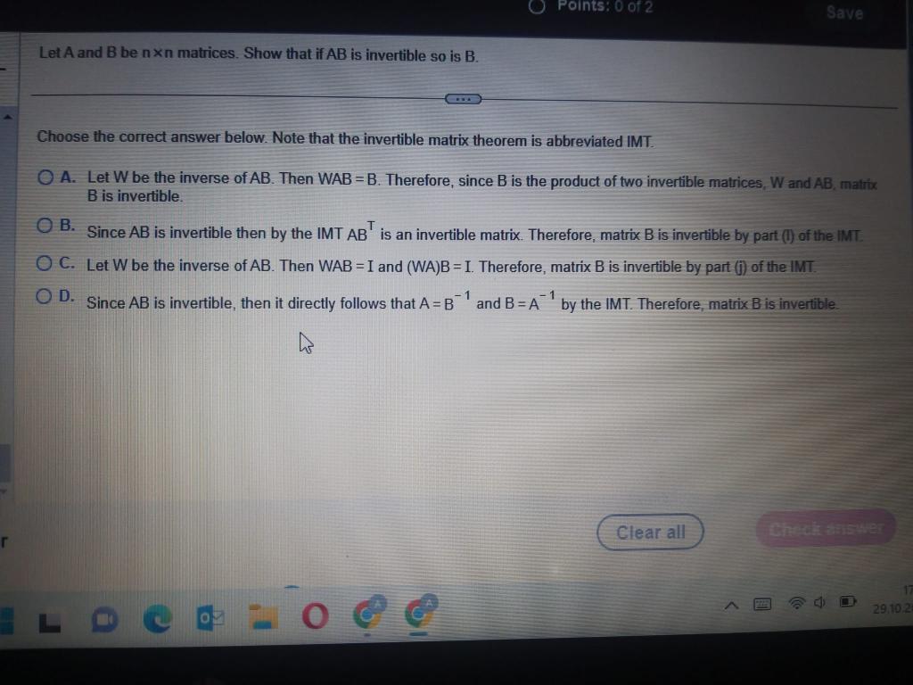 Solved Let A and B be n×n matrices. Show that if AB is | Chegg.com