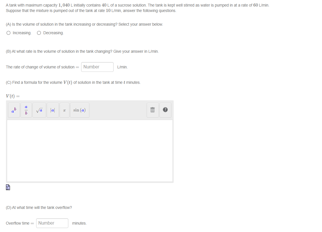 Solved A tank with maximum capacity 1,040 L initially | Chegg.com