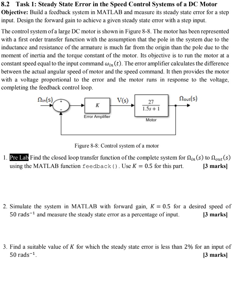 Solved 8.2 Task 1: Steady State Error in the Speed Control | Chegg.com