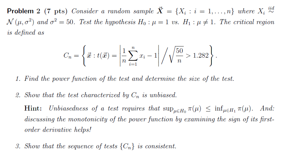 Solved Problem 2(7pts) Consider a random sample | Chegg.com