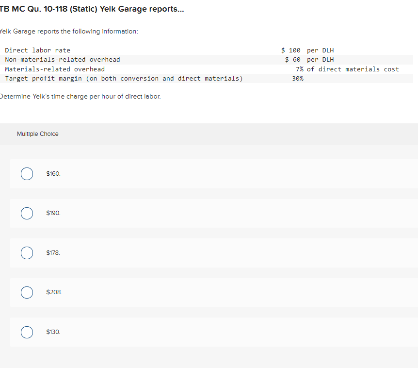 Solved TB MC Qu. 10-118 (Static) Yelk Garage reports... Yelk | Chegg.com