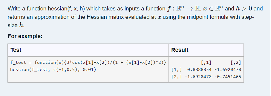 Solved Use Rstudio)Write a function hessian(f, x, h) which | Chegg.com