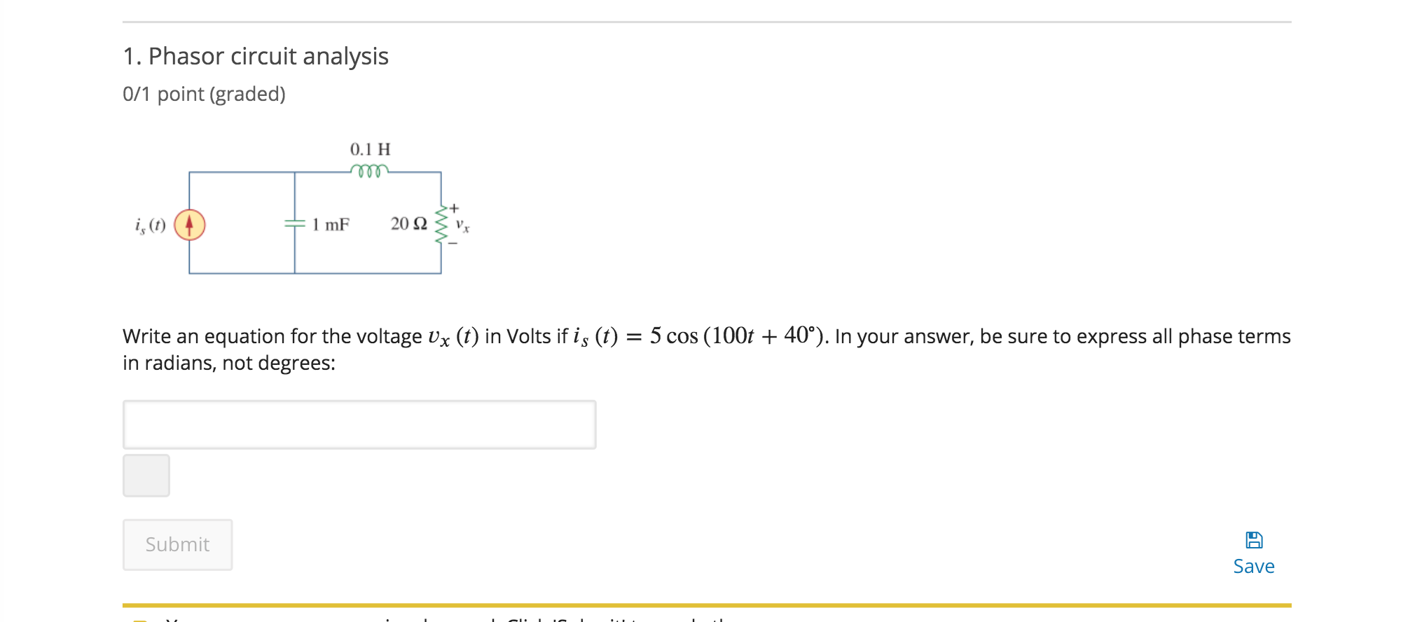 Solved 1. Phasor circuit analysis 0/1 point (graded) 0.1 H | Chegg.com