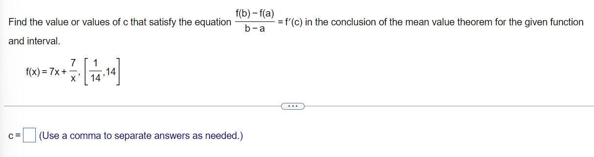Solved Find the value or values of c that satisfy the | Chegg.com