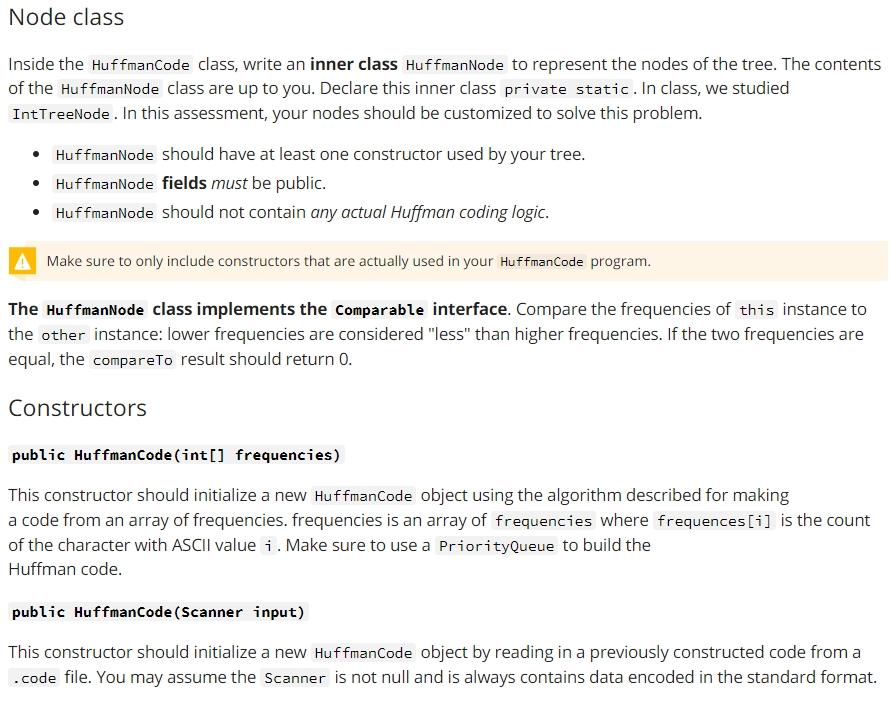 Solved Node class Inside the HuffmanCode class, write an | Chegg.com