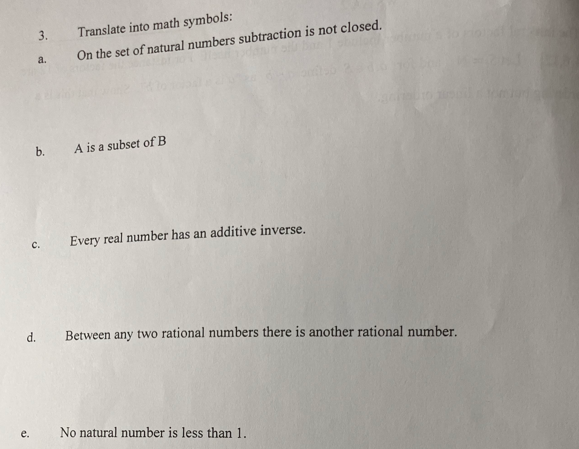 Solved Translate into math symbols:a. ﻿On the set of natural | Chegg.com