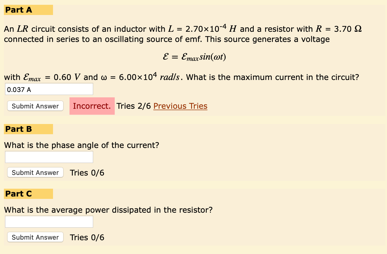 Solved Part A An LR circuit consists of an inductor with L = | Chegg.com