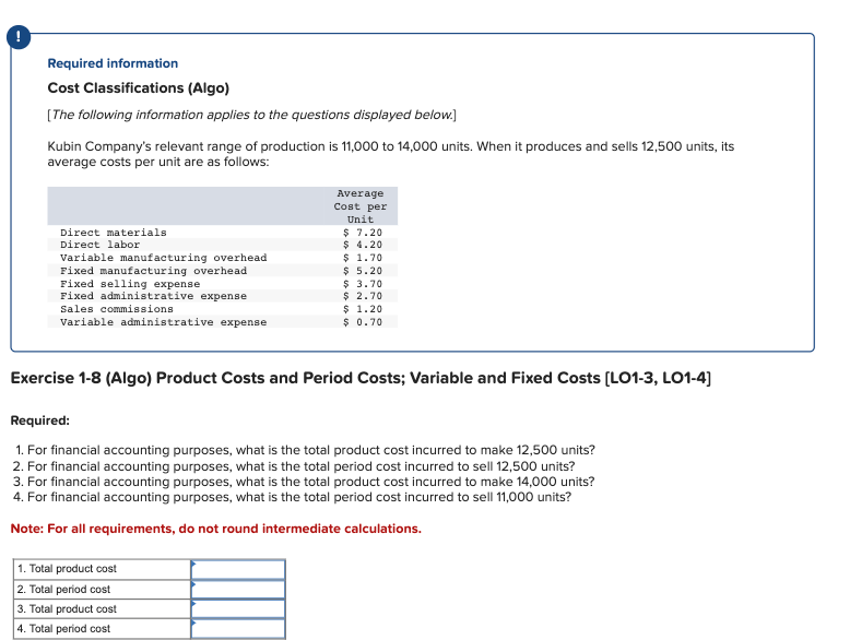 Solved Required information Cost Classifications (Algo) [The | Chegg.com