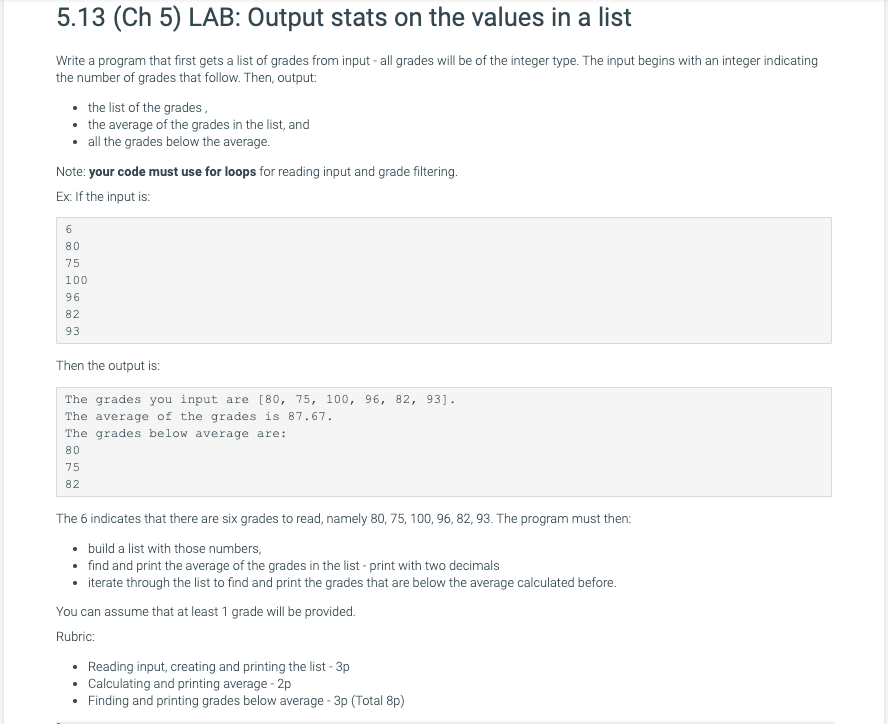 Solved 5.13 (Ch 5) LAB: Output stats on the values in a list | Chegg.com