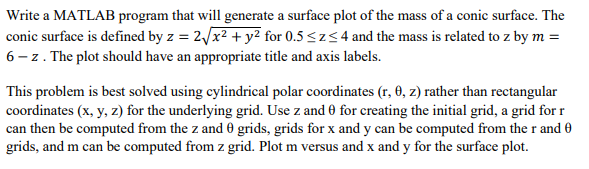 Solved Write a MATLAB program that will generate a surface | Chegg.com