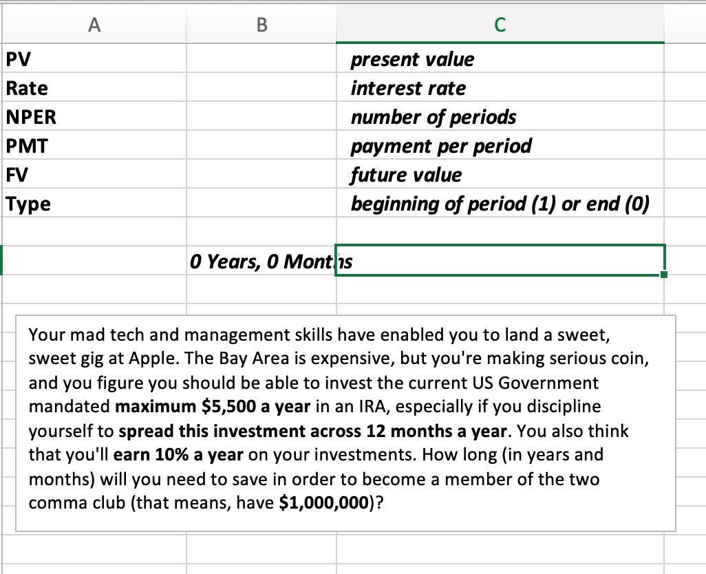 Solved A B с PV Rate NPER PMT FV Type present value interest | Chegg.com