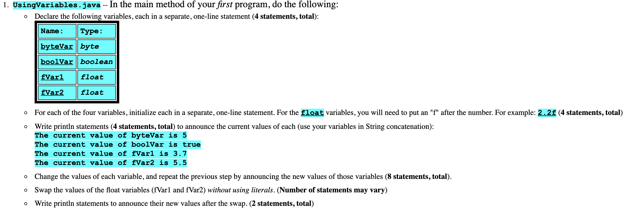 Solved 1. UsingVariables.java -- In the main method of your | Chegg.com