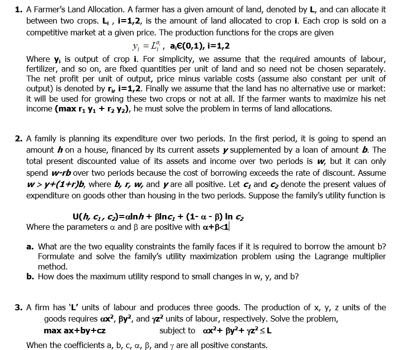 Solved 1. A Farmer's Land Allocation. A farmer has a given | Chegg.com