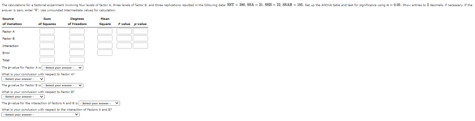 Solved The p-value for the interaction of factors A and B is | Chegg.com