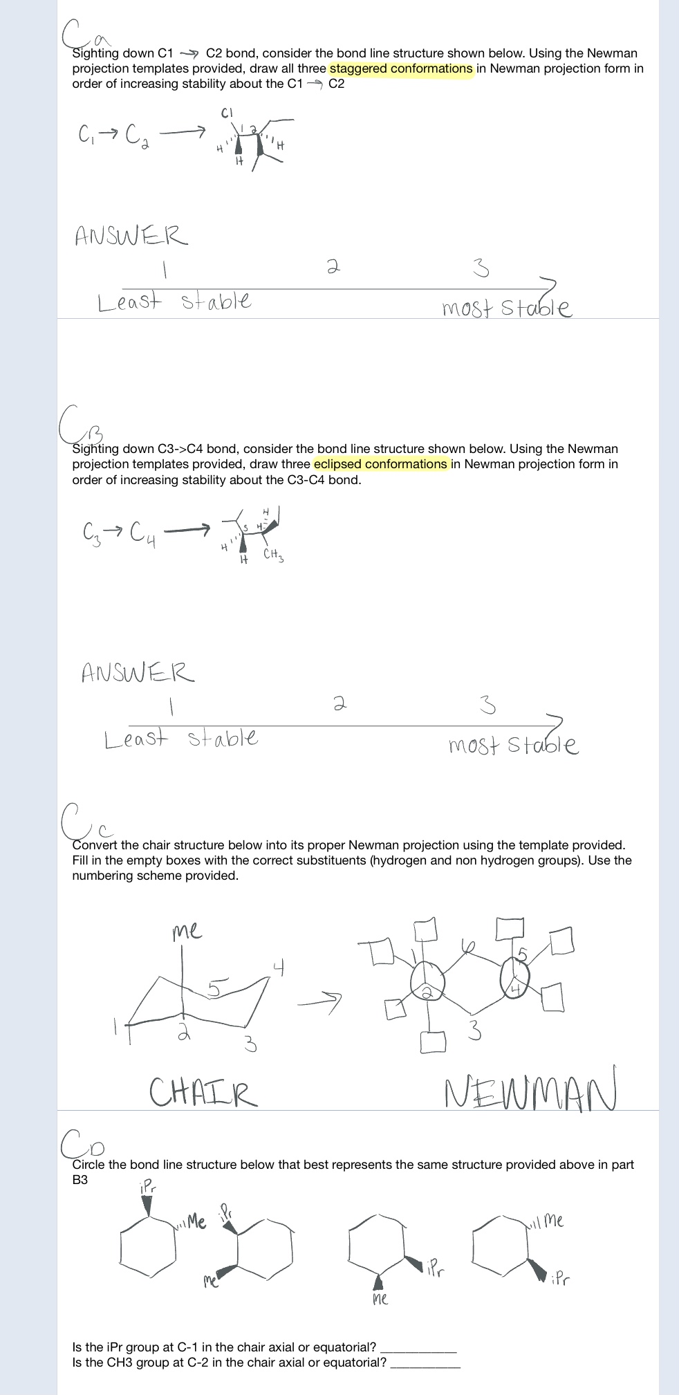 Sighting down C1 → C2 bond, consider the bond line | Chegg.com