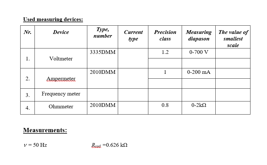 Solved Used measuring devices: Nr. Device Type, number | Chegg.com
