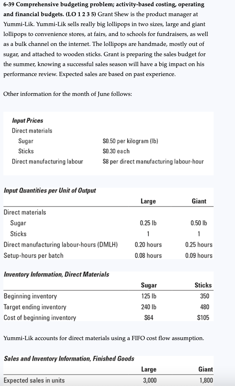 Solved 6-39 Comprehensive budgeting problem; activity-based | Chegg.com