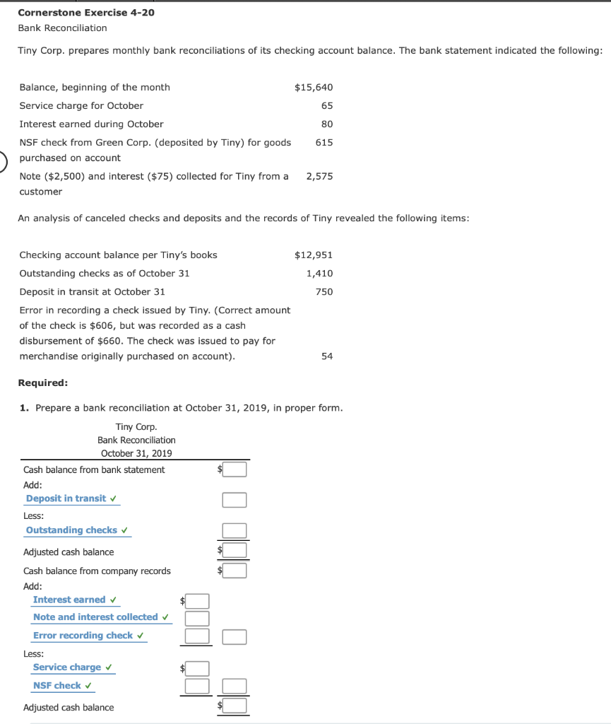 Solved Cornerstone Exercise 4-20 Bank Reconciliation Tiny | Chegg.com