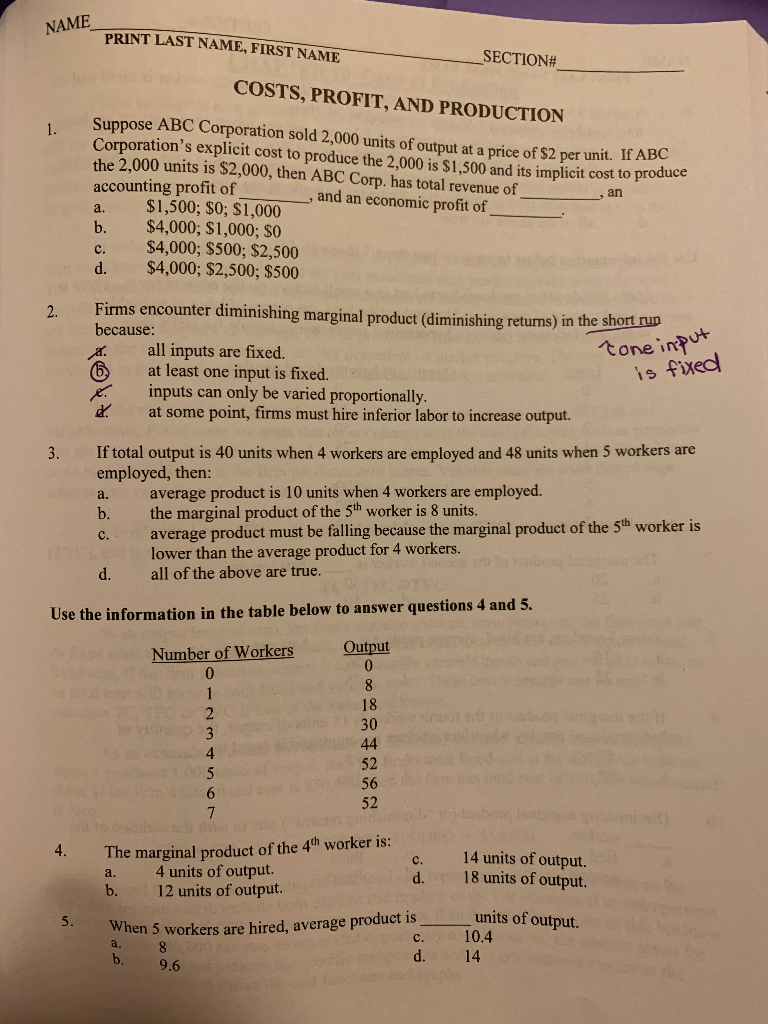 Solved NAME PRINT LAST NAME, FIRST NAME SECTION# COSTS, | Chegg.com