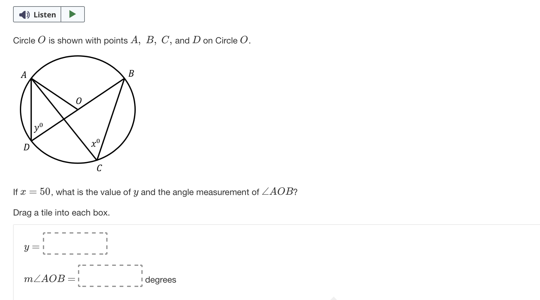Solved Listen Circle O is shown with points A, B, C, and D | Chegg.com