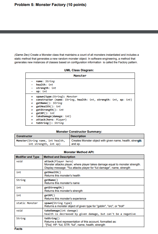 Solved Problem 5: Monster Factory (10 points) (Game Dev) | Chegg.com