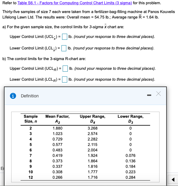 Solved Refer to Table S6.1 - Factors for Computing Control | Chegg.com