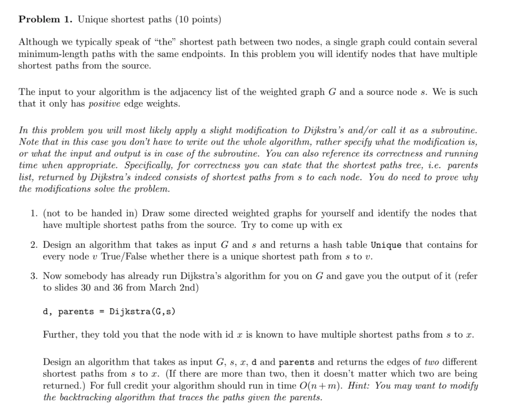 Solved Problem 1. Unique shortest paths ( 10 points) | Chegg.com