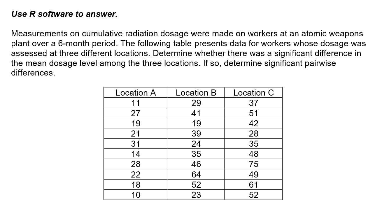 Solved Use R software to answer. Measurements on cumulative | Chegg.com