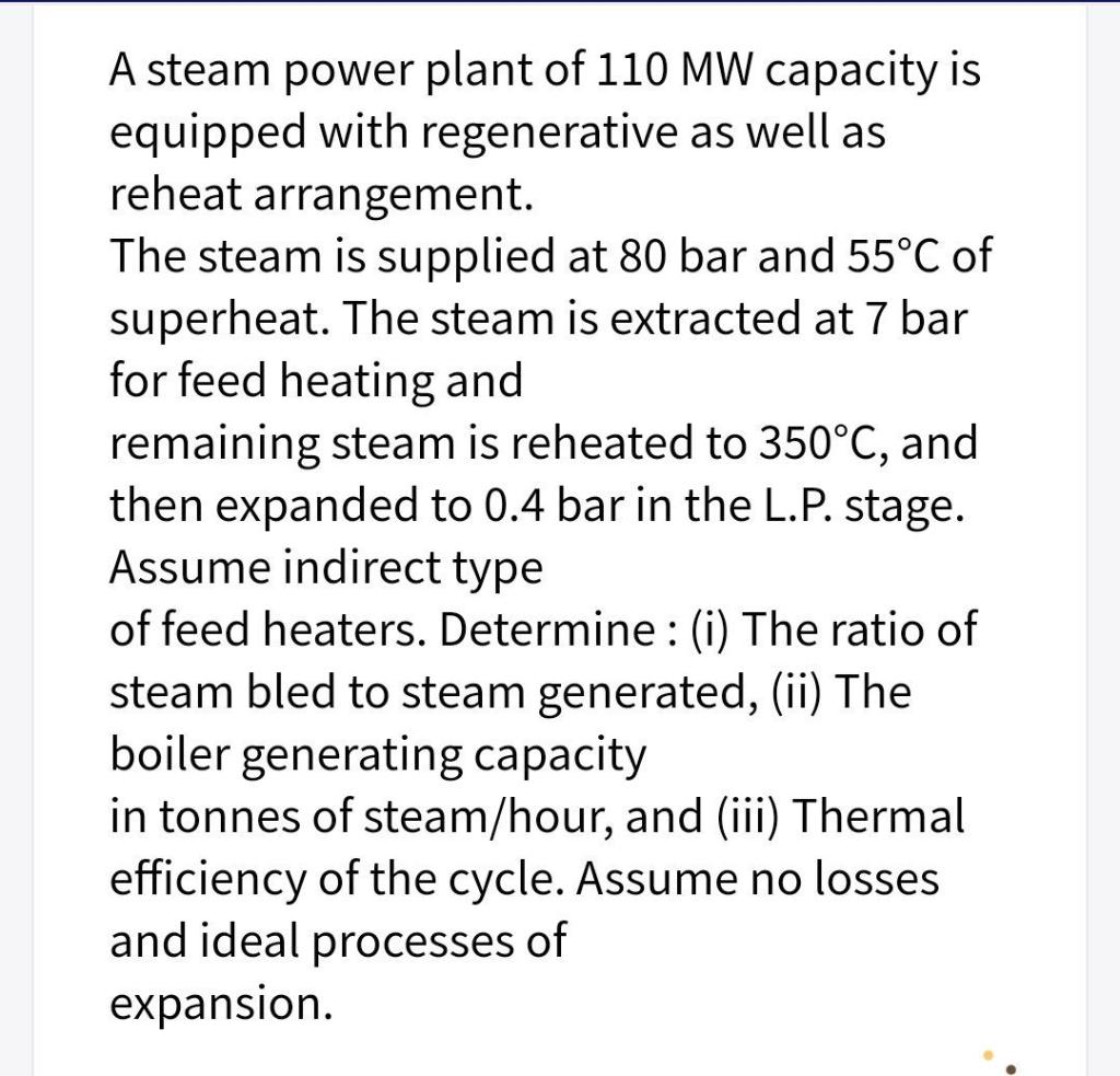 Solved A steam power plant of 110 MW capacity is equipped | Chegg.com
